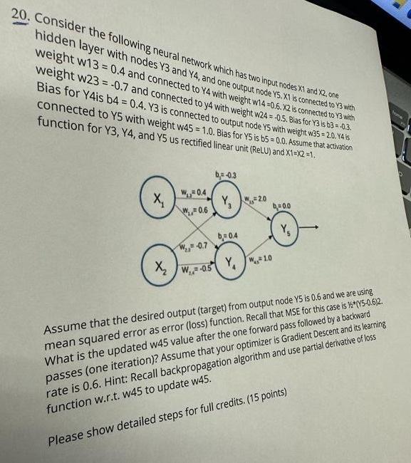Solved 20. Consider the following neural network which has | Chegg.com
