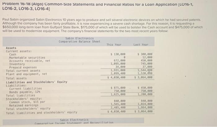 Solved Problem 16-18 (Algo) Common-Size Statements and | Chegg.com