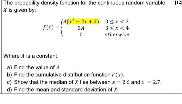 Solved [12 The probability density function for the | Chegg.com