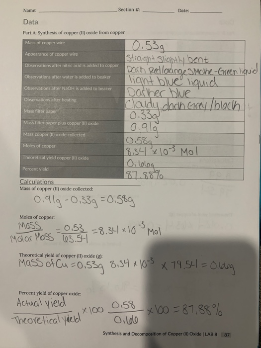 Solved Name Section Date Data Part A Synthesis Of 8487
