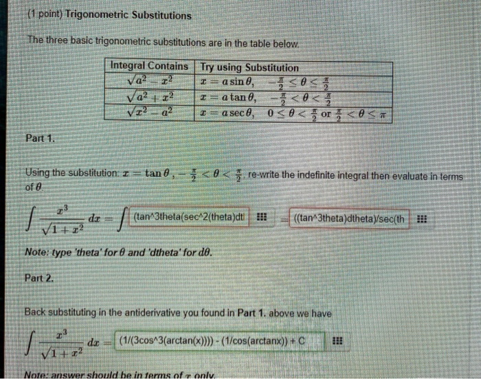 Solved (1 point) Trigonometric Substitutions The three basic | Chegg.com