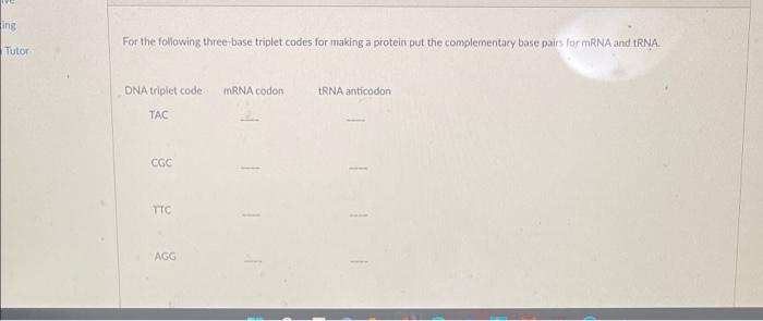 Solved ing Tutor For the following three-base triplet codes | Chegg.com