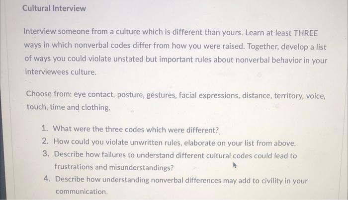 Cultural Interview Interview someone from a culture | Chegg.com
