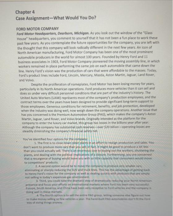 Solved Chapter 4 Case Assignment-What Would You Do? FORD | Chegg.com