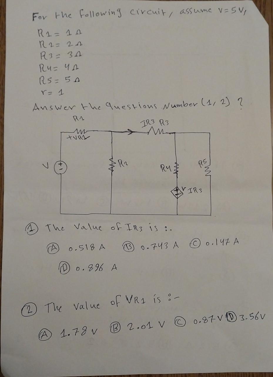 For the following circuit, assume v=5v, | Chegg.com