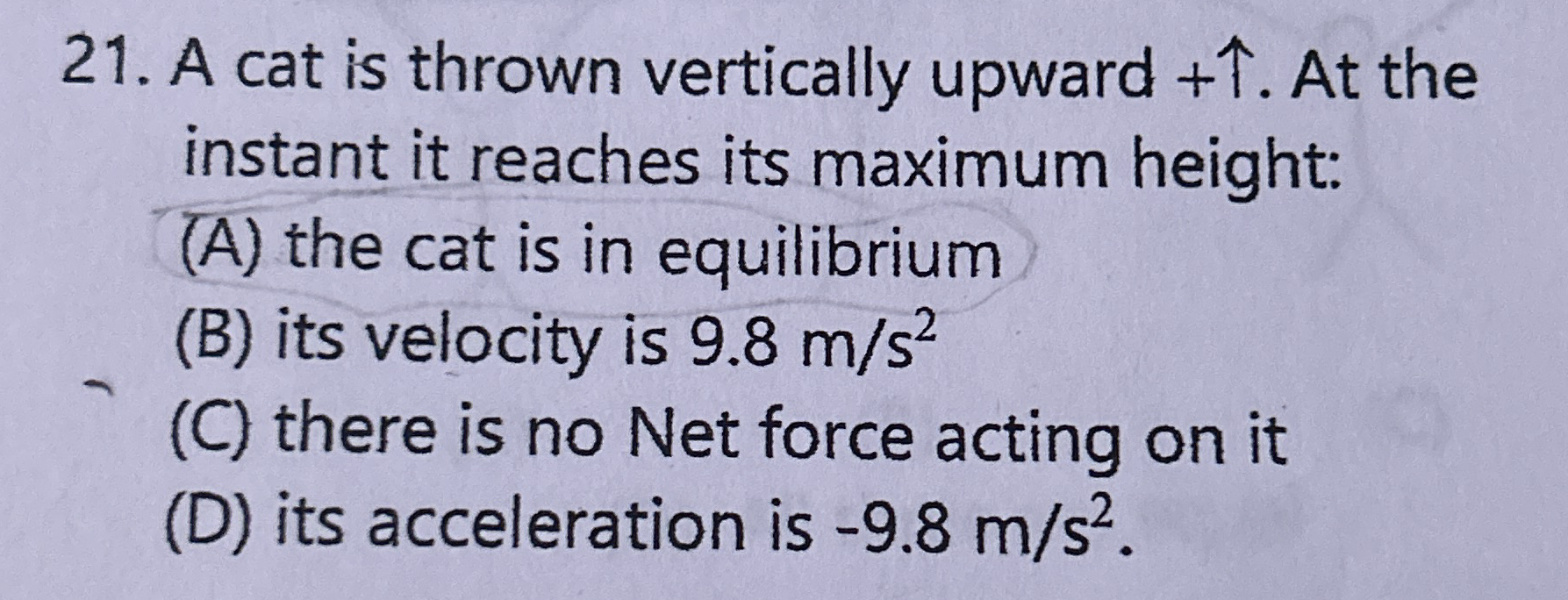 Solved A cat is thrown vertically upward +uarr. At the | Chegg.com