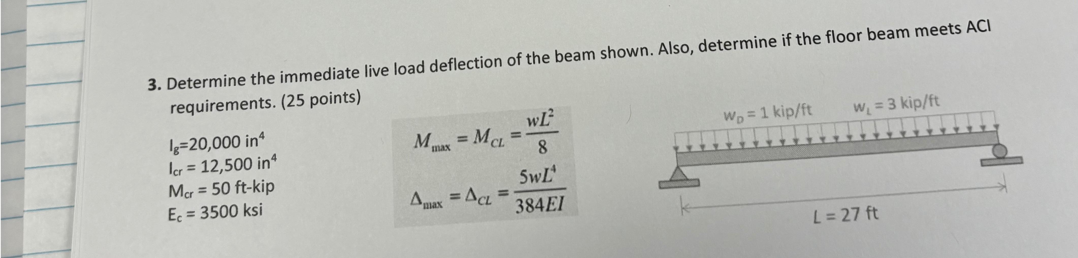 Solved Determine the immediate live load deflection of the | Chegg.com