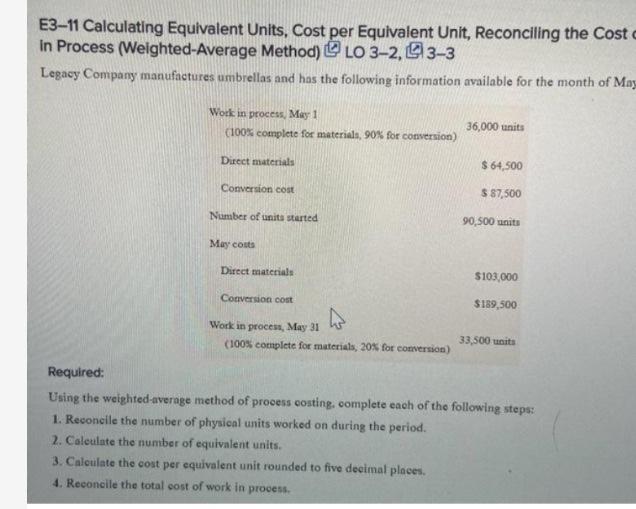 Solved E3-11 Calculating Equivalent Units, Cost per | Chegg.com