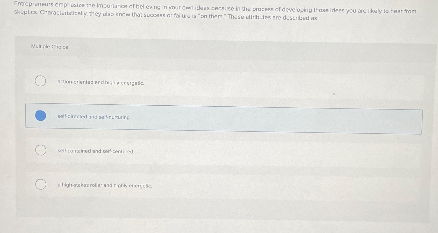 Solved Entrepreneurs emphasize the importance of believing | Chegg.com