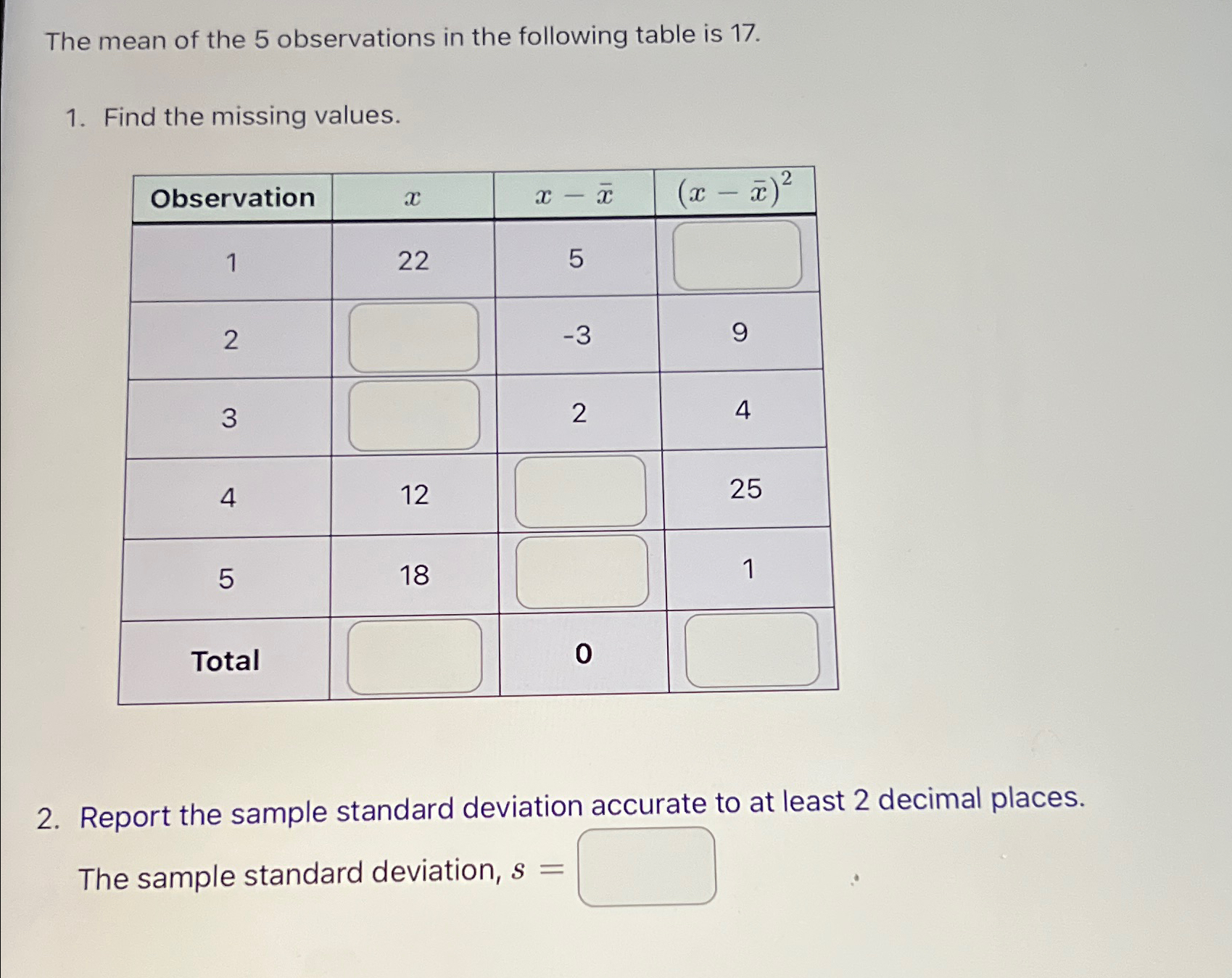 Solved The mean of the 5 ﻿observations in the following | Chegg.com