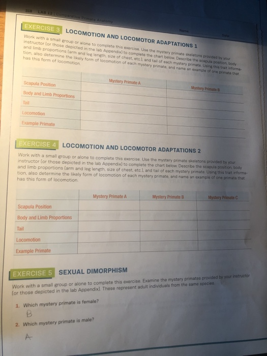 EXERCISE 3 LOCOMOTION AND LOCOMOTOR ADAPTATIONS 1 | Chegg.com