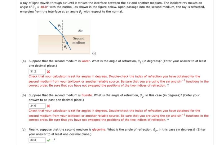 Solved A ray of light travels through air until it strikes | Chegg.com