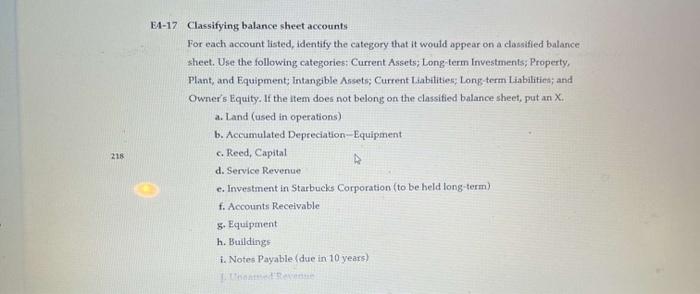 Solved 218 E4-17 Classifying balance sheet accounts For each | Chegg.com