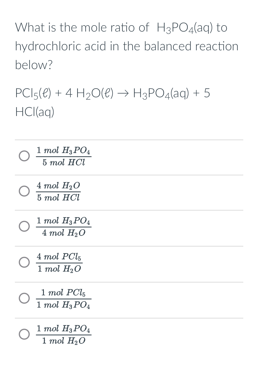 Solved What is the mole ratio of H3PO4(aq) ﻿to hydrochloric | Chegg.com