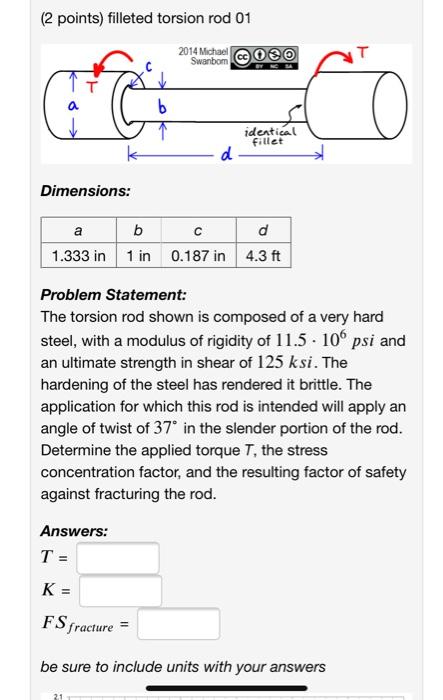 Solved (2 points) filleted torsion rod 01 Dimensions: | Chegg.com