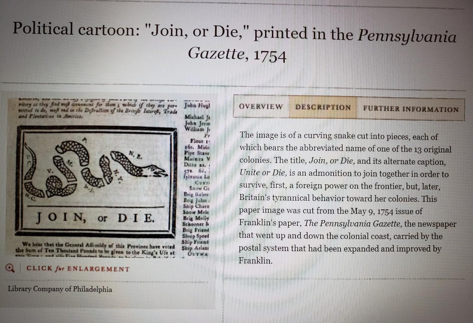 Political cartoon: "Join, or Die," printed in the | Chegg.com