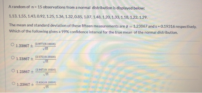 Solved A Random Of N 15 Observations From A Normal