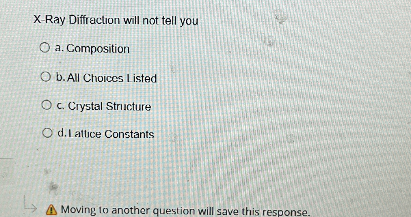 Solved X-Ray Diffraction will not tell youa. ﻿Compositionb. | Chegg.com