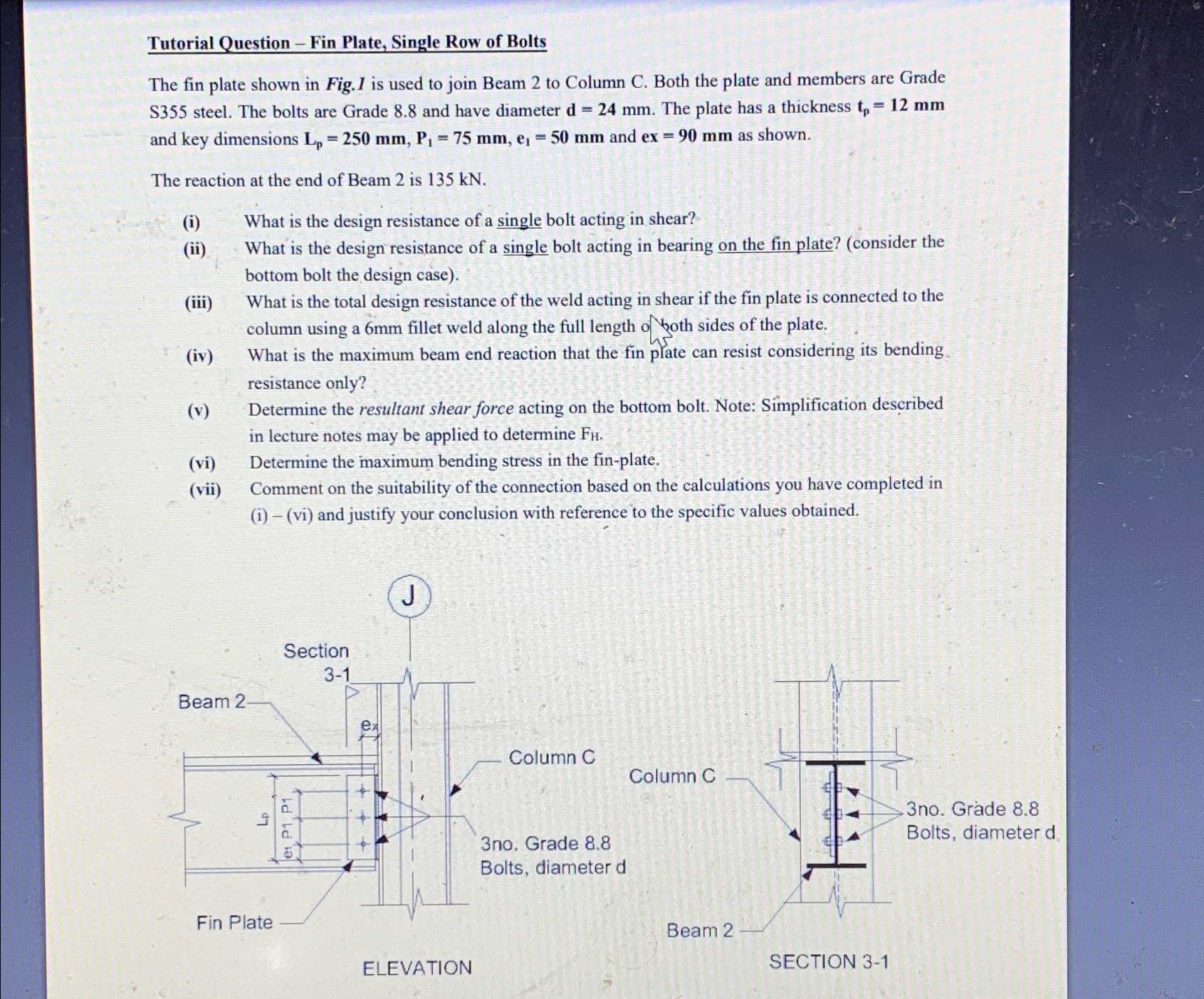 Solved Tutorial Question - ﻿Fin Plate, Single Row of | Chegg.com