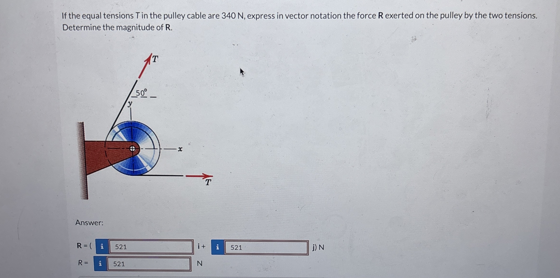 Solved If the equal tensions T ﻿in the pulley cable are 340 | Chegg.com