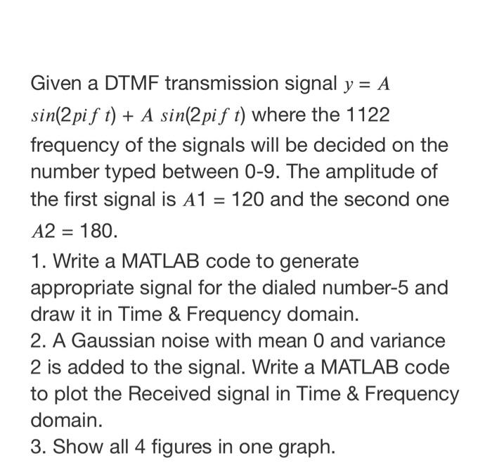 Solved = Given a DTMF transmission signal y = A sin(2pi f t) | Chegg.com