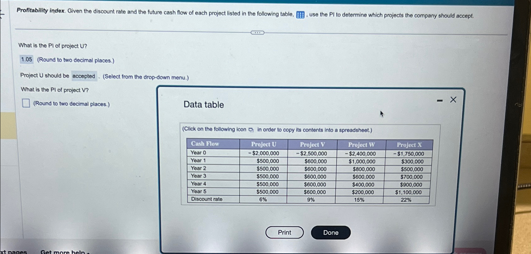 Solved NEED THE ANSWER TO PROJECT V/W/X Profitability index. | Chegg.com