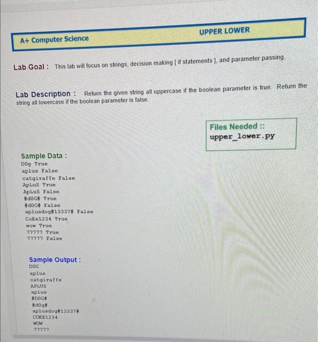 Solved UPPER LOWER A+ Computer Science Lab Goal: This lab | Chegg.com