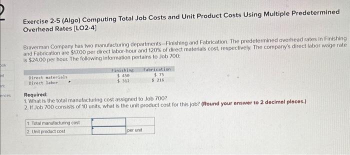 Solved exercise 2-5 computing total job costs and unit | Chegg.com