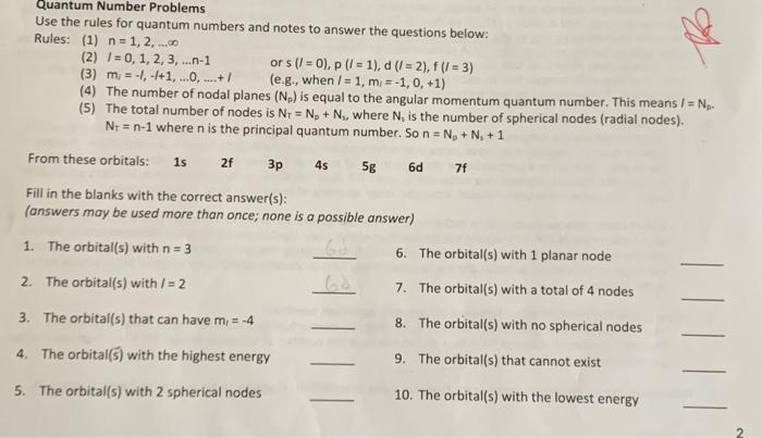 Solved 엾 Quantum Number Problems Use the rules for quantum | Chegg.com
