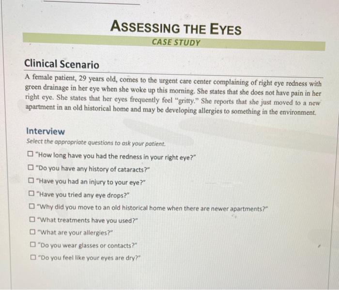 Solved ASSESSING THE EYES CASE STUDY Clinical Scenario A | Chegg.com