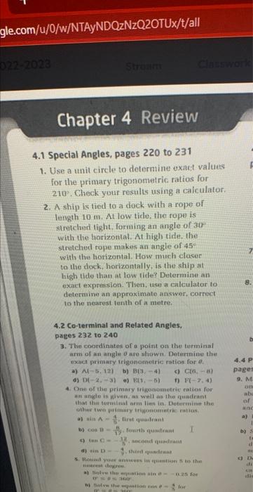4.1 Special Angles, pages 220 to 231 1. Use a unit | Chegg.com
