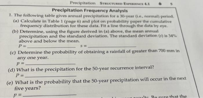 Solved Precipitation Frequency Analysis 1. The following | Chegg.com
