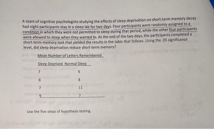 Solved A team of cognitive psychologists studying the | Chegg.com