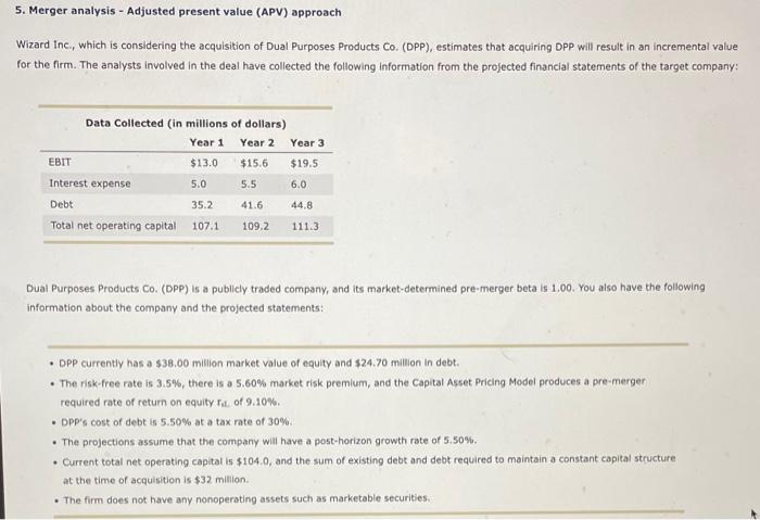 Solved 5. Merger analysis - Adjusted present value (APV) | Chegg.com