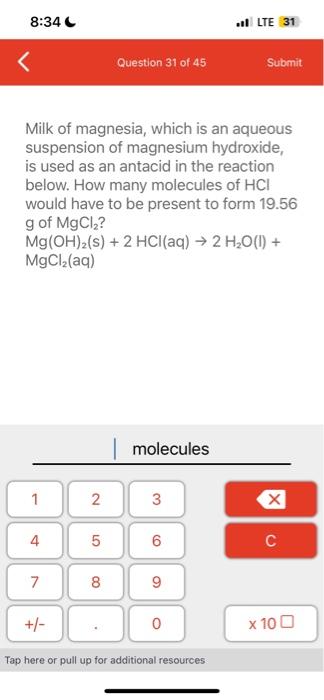 Solved Milk of magnesia, which is an aqueous suspension of | Chegg.com