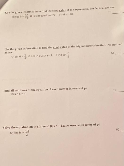 Solved 11) Use the given information to find the exact value | Chegg.com