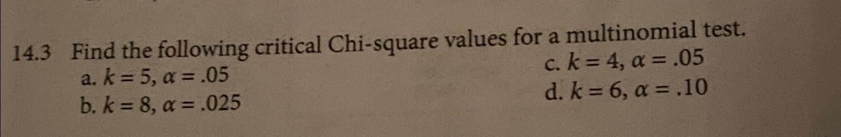 Solved 14.3 ﻿Find the following critical Chi-square values | Chegg.com