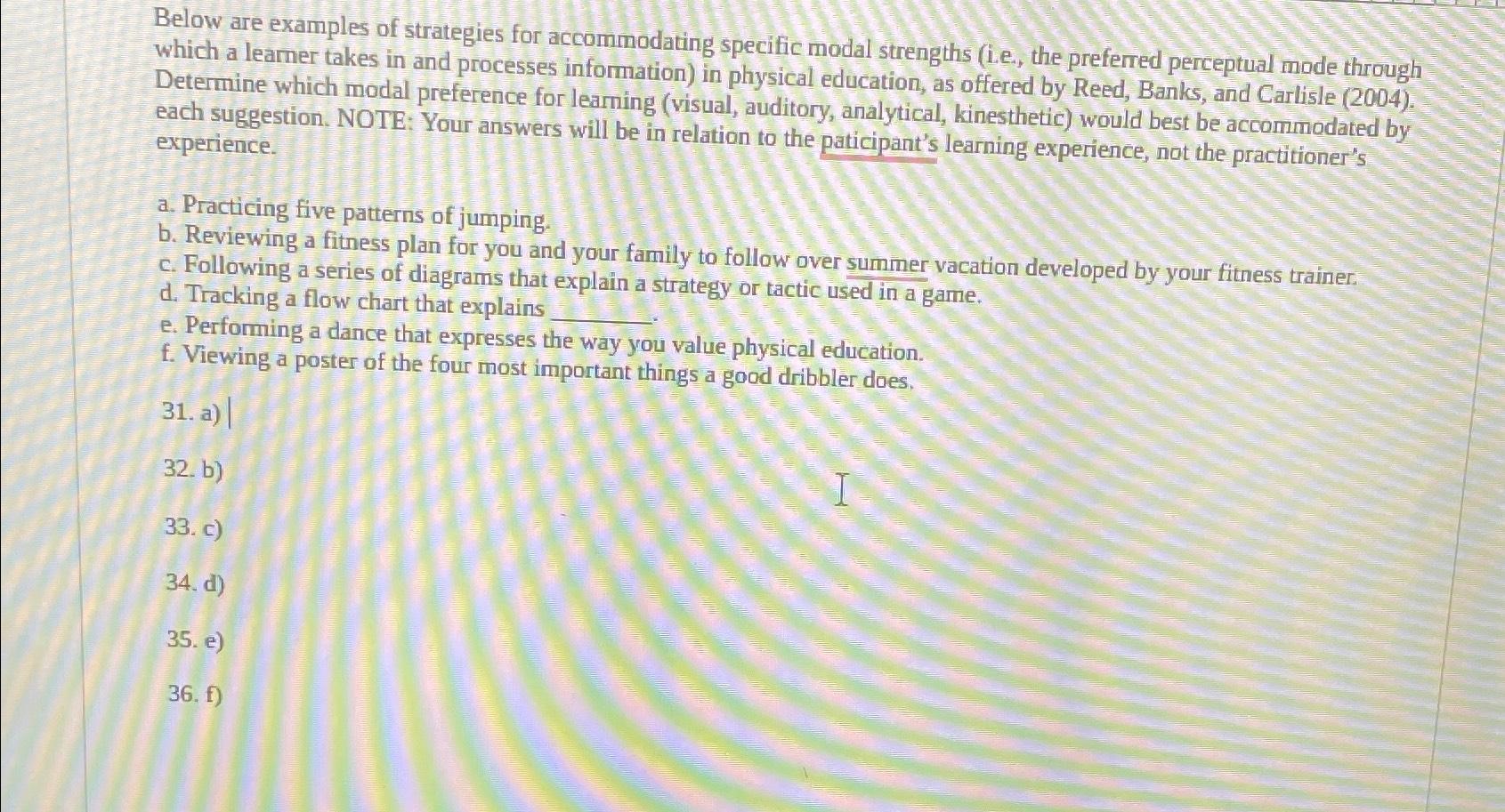 Solved Below are examples of strategies for accommodating | Chegg.com