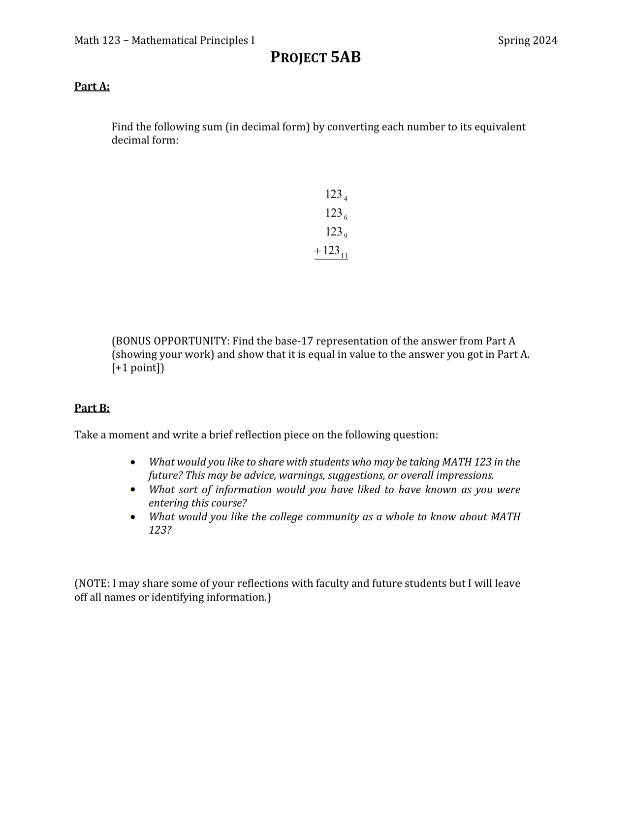 Solved PRoJeCT 5ABPart A:Find the following sum (in decimal | Chegg.com