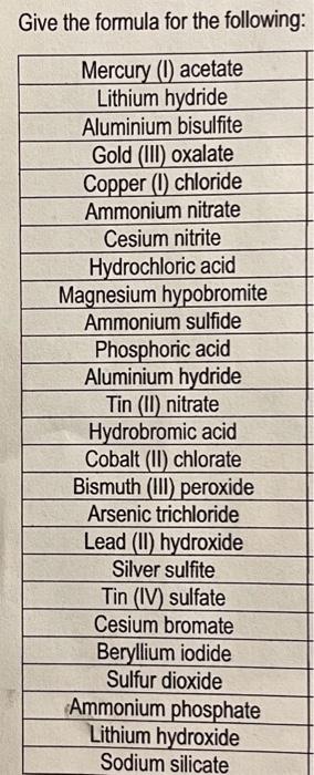Solved Give the formula for the following: | Chegg.com
