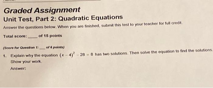Solved Graded Assignment Unit Test Part 2 Quadratic