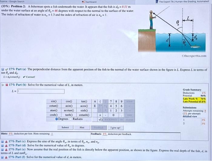 (33\%) Problem 2: A fisherman spots a fish underneath | Chegg.com