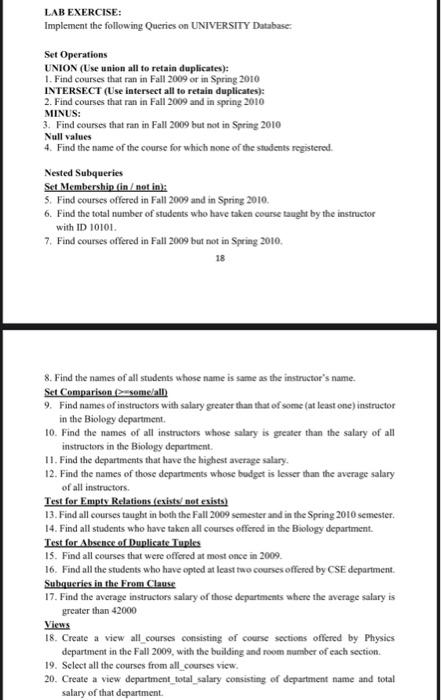Solved LAB EXERCISE: Implement the following Qaeries on | Chegg.com