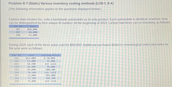 Solved Problem 8-7 (Static) Various inventory costing | Chegg.com