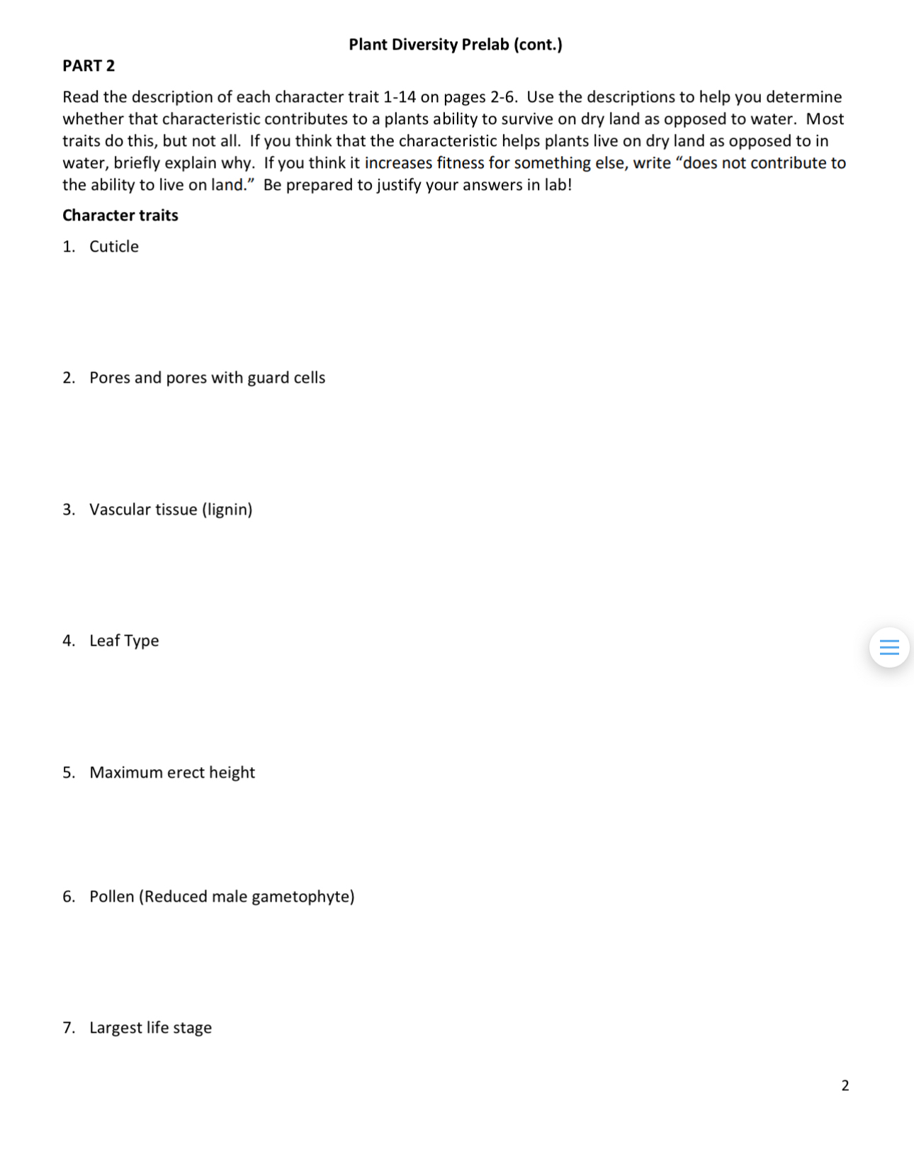 Solved Plant Diversity Prelab (cont.)PART 2Read the | Chegg.com