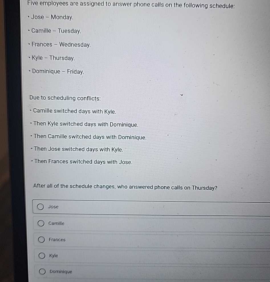 Solved Five employees are assigned to answer phone calls on | Chegg.com