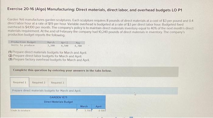 Solved Exercise 20-16 (Algo) Manufacturing: Direct | Chegg.com Solved Exercise 20-16 (Algo) Manufacturing: Direct | Chegg.com