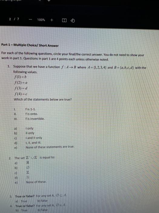 Solved 2 / 7 100% + O Part 1 - Multiple Choice/ Short Answer | Chegg.com