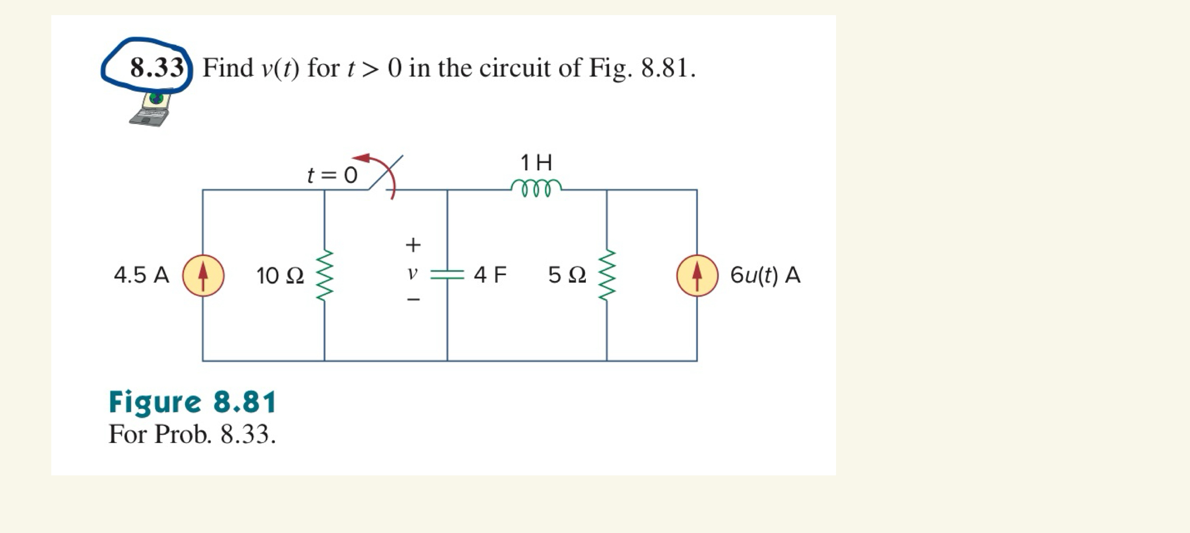 8.33 ﻿Find v(t) ﻿for t>0 ﻿in the circuit of Fig. | Chegg.com