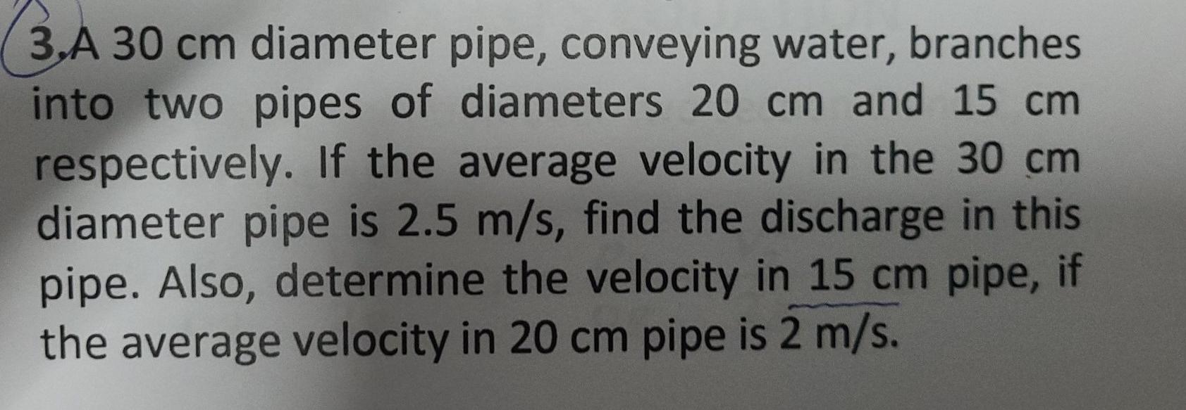 Solved 3.A 30 cm diameter pipe, conveying water, branches | Chegg.com